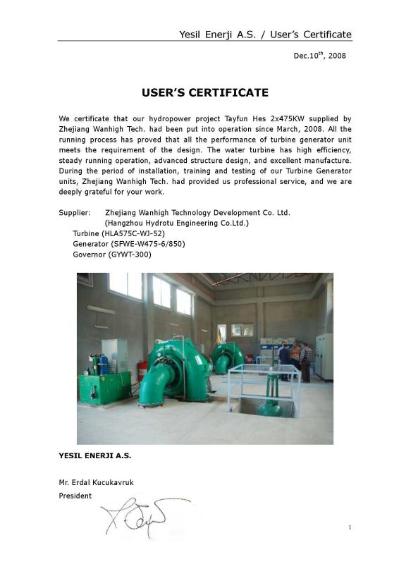 User's Certificate - Hangzhou Hydrotu Engineering Co.,Ltd.
