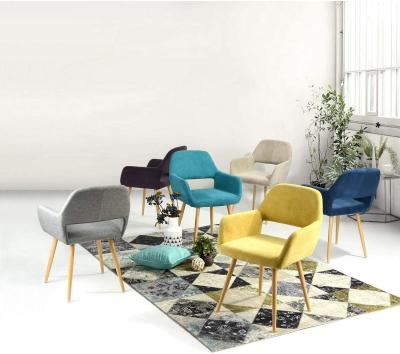 China Scandinavian Style Mid Century Leisure Side Fabric dining Chairs with Arm Solid Painting Steel Leg for Dining Room for sale