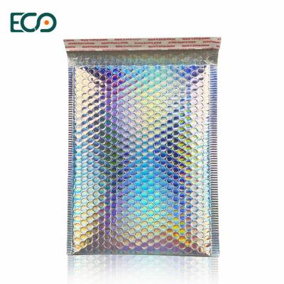 China Reusable Custom Button Shipping Envelope Bolsas De Envio A4 Bubble Mailer Rainbow Holographic for sale