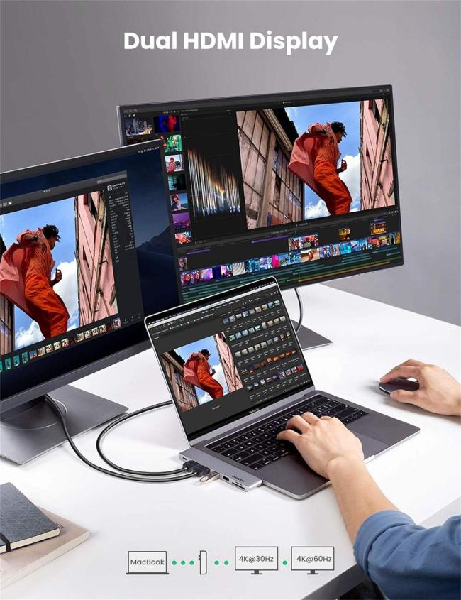 USB C to Dual-HDMI Adapter in use with laptop
