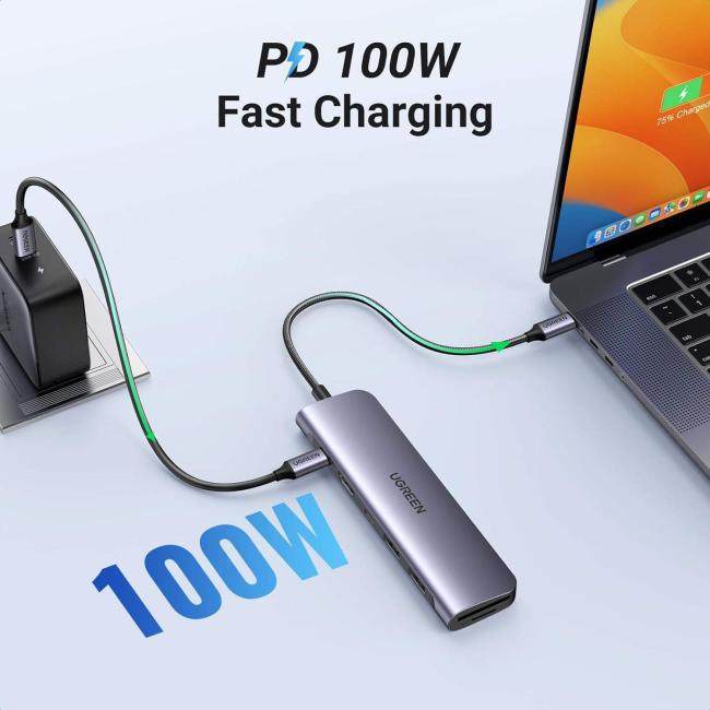 Close-up of USB C Hub ports showing USB 3.0 and HDMI connections