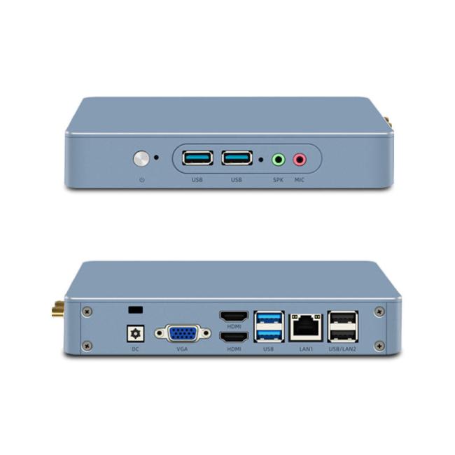 Close-up of mini PC's front panel interface