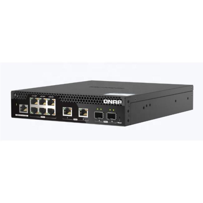 Front view of QSW-M2106R-2S2T network switch showing ports and LED indicators