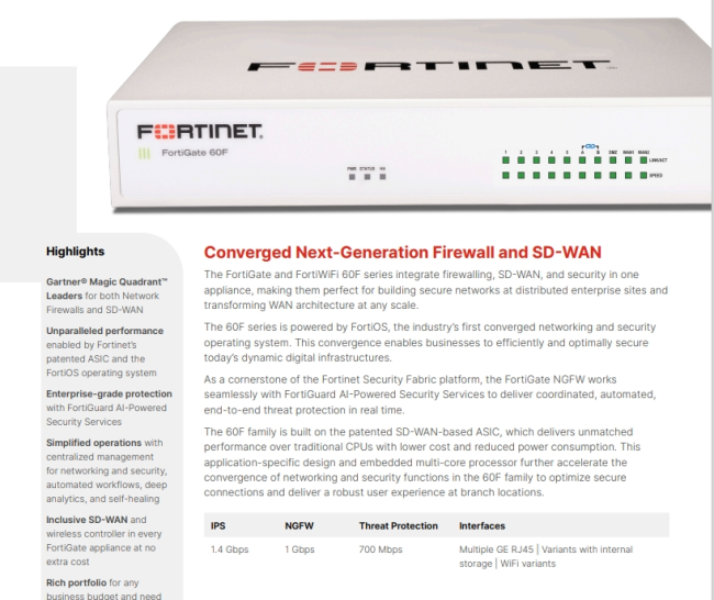 Side view of FortiGate 60F showing ports