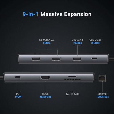 China Revodok Pro 109 Adaptador multipuerto USB C 9 en 1 10Gbps USB C 3.2 y USBA 3.2 100W en venta