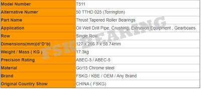 Cina La dimensione T511 di pollice ha spinto i cuscinetti a rulli affusolati brucciacchia le file 127 x 266,7 x 58.74mm in vendita