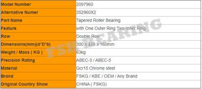Cina Doppi cuscinetto a rulli affusolato di fila 2097960 resistente con un Ring Two Inner Ring esterno in vendita