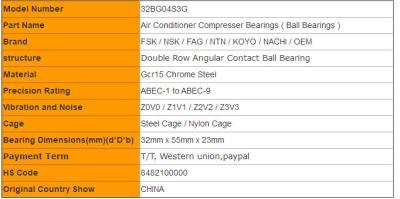 China Air Conditioning Compresser Bearings 32BG04S3G Used For CHINA XIALI for sale