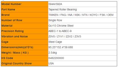 Cina La precisione TIMKEN 594A/592A misurata ha affusolato i cuscinetti a rulli per la macchina in vendita