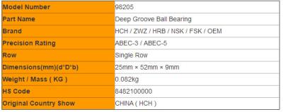 中国 高速98205 98206 98305単一の列の自動車のための深い溝のボール ベアリング 販売のため