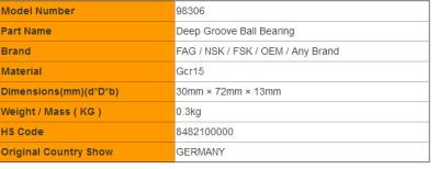 중국 주문품 98306 단 하나 줄 볼베어링 Chome 강철, FAG/NSK 판매용
