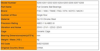 Cina Cuscinetti ceramici completi ZrO2 6200 6201 6202 6203 6204 6205 6206 6207 6208 in vendita