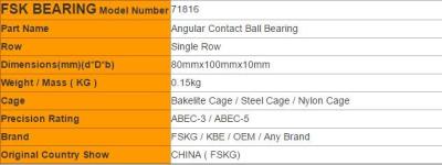 China Rolamento angular de alta velocidade do eixo do rolamento de esferas do contato da parede 71816 finos para a máquina-instrumento à venda