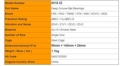 中国 高精度な6018 2Z C3のミニチュア ボール ベアリングの減摩の低雑音 販売のため
