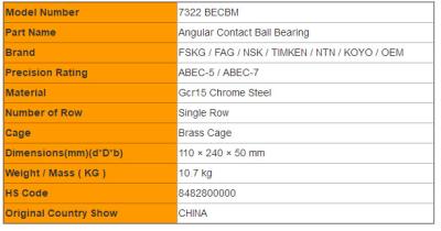 China Brass Cage 7322 BECBM Angular Contact Ball Bearing For Air Compressor , ID 110mm OD 240mm for sale