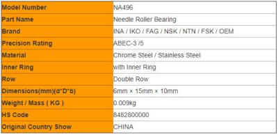 China Small Size NA496 Double Row Needle Roller Bearings For Textile Machine , 6mm ID for sale