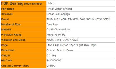 China NSK THK LM6UU Linear Motion Ball Bearings Size 6mm × 12mm × 19mm For 3d Printer for sale