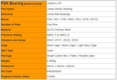 Cina Fila lineare delle unità cinque della ferrovia di sostegno con cuscinetto a sfera della guarnizione aperta op di Lm40uu in vendita