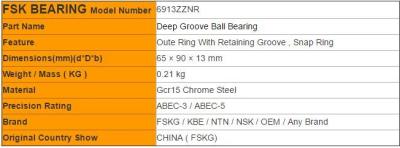 China Thin - Walled 6913ZZNR 6914ZZNR Deep Groove Ball Bearing With Snap Groove , Snap Ring for sale