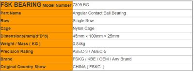 China High Speed 7309 BG Angular Contact Ball Bearing for Air Compressor / Machine Tool for sale
