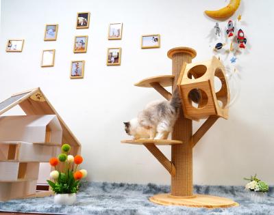 China Luxury Hexagon Wooden Pet Bed Cave Cat Climbing Tower With Space Capsule for sale