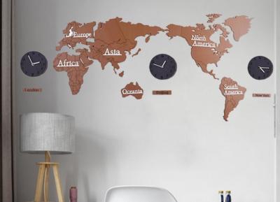 China Worldmap Wooden Wall Clock Creative Large Hanging Wall Clocks for sale