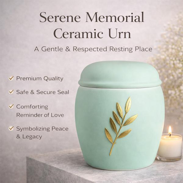 Quality Mint Green Ceramic Cremation Urn Custom Shape Memorial Urn With Gold Leaf for sale