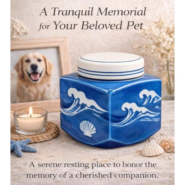 Quality Hexagon Ceramic Pet Ashes Urn Ocean Wave Theme Ceramic Urns For Dogs for sale