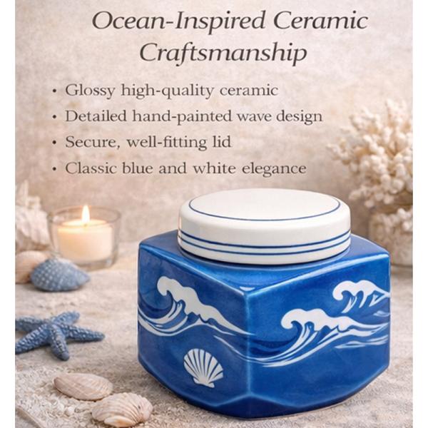 Quality Hexagon Ceramic Pet Ashes Urn Ocean Wave Theme Ceramic Urns For Dogs for sale