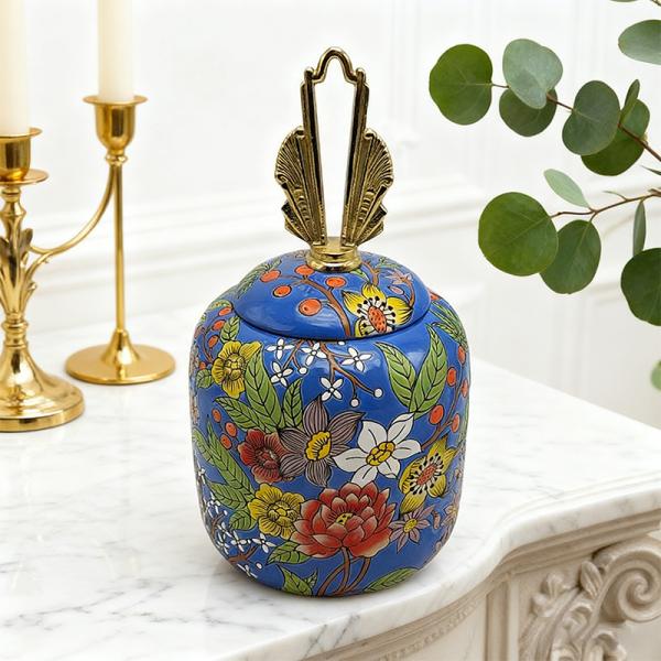 Quality Decorative Ceramic Jars Ceramic Storage Jar with Lid Blue Floral Pattern Gold for sale