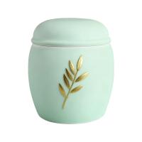 Quality Mint Green Ceramic Cremation Urn Custom Shape Memorial Urn With Gold Leaf for sale