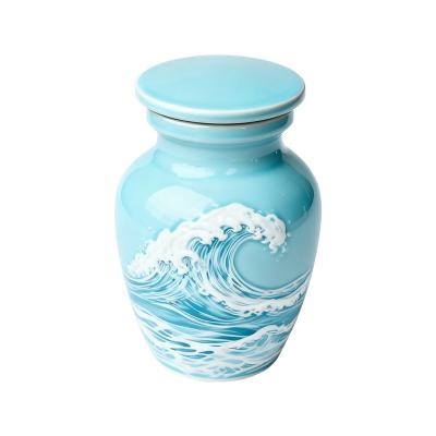 China Human Ashes Ceramic Funeral Urns Ocean Wave Design Blue Color Large Capacity for sale