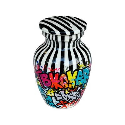 China Custom Design Ceramic Cremation Memorial Urn Humans Pets Graffiti Stripe Wholesale for sale