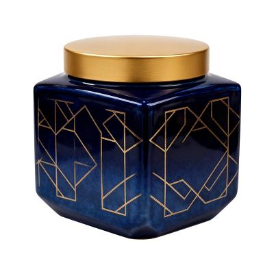China Ceramic Modern Small Pet Cremation Urns With Hexagon Gold Lid Custom Designed for sale