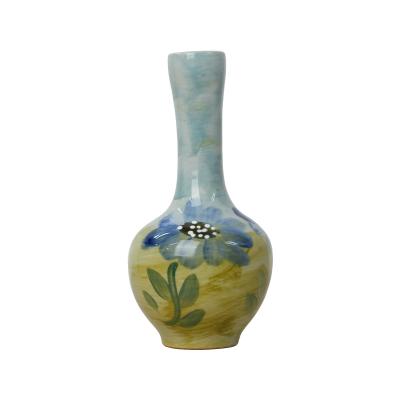 China Hand Painted Floral Ceramic Bud Vase With Tall Narrow Neck Tabletop Decor for sale