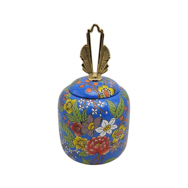 Quality Decorative Ceramic Jars Ceramic Storage Jar with Lid Blue Floral Pattern Gold Handle for sale