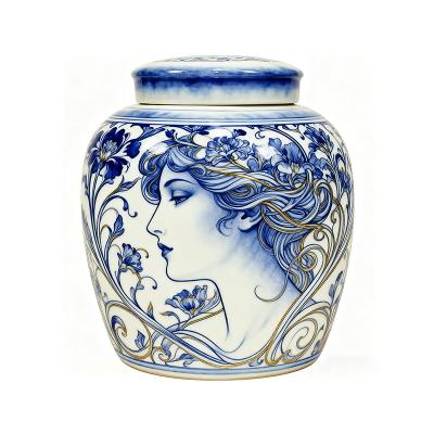 China Blue Portrait Art Design OEM WholesaleCeramic Funeral Urns for sale