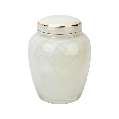 China Ceramic Funeral Urns Ivory Crackle Glaze Gold Rim OEM for sale