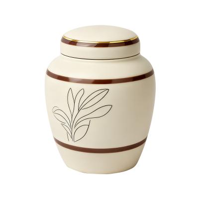 China Ceramic Funeral Urns Cream Brown Band Minimal OEM Wholesale for sale