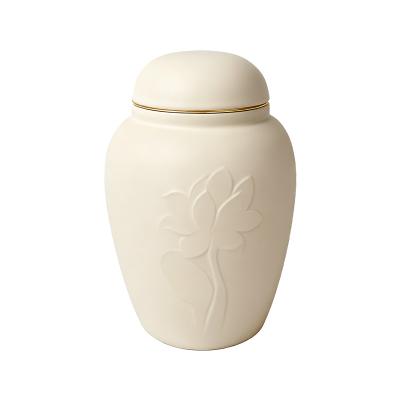 China Ceramic Funeral Urns Ivory Embossed Flower OEM Wholesale for sale