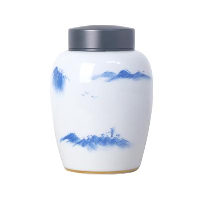 China Blue Landscape Tea Canister Ceramic Jars with Metal Lid for sale