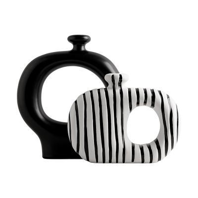 China Black and White Striped Ceramic Vase for Modern Decor for sale