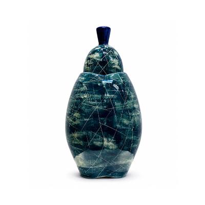 China Sculptural Ceramic Memorial Urn with Blue Glaze for sale