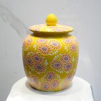 China Yellow Ceramic Ashes Urn with Decorative Flower Artwork for sale
