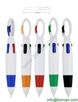 China plastic pen, multi color pen with ring,hook pen with 4 colors ink,four color ink pen for sale