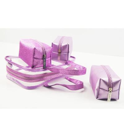 Cina 3 In 1 Pvc Glitter Clear Cosmetic organizer Bag Set With Handle For Fashion Ladies Women Girls in vendita