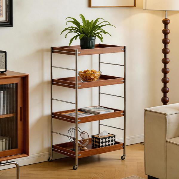Quality 4 Tier Metal With Wheels Kitchen Fruit Vegetable Rack Sofa Coffee Tea Table Bedroom Bedside Organizer Stand Snack Trolley Shelf for sale