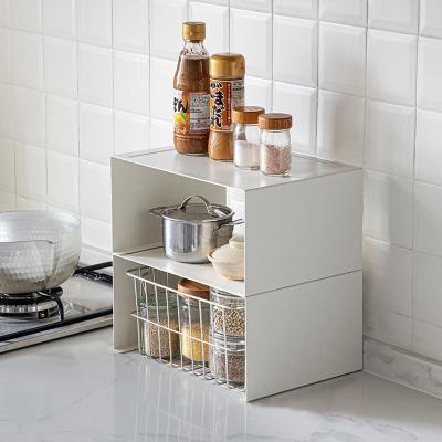 China Stackable 2 Tier Tower Rack White Desktop Spice Jar Microwave Coffee Machine Stand Bowl Plate Cup Divider with Metal Mesh Basket for sale