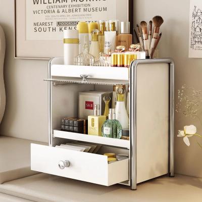 China Pull-out 3 Tier Cosmetic Storage Box with Dust-proof Cabinet Door Kitchen Spice Jar Rack Coffee Capsule Drawer Desktop Organizer for sale