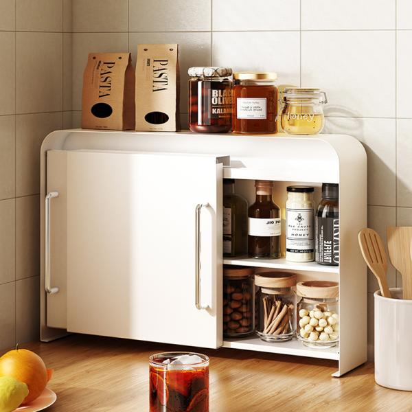 Quality Kitchen Metal Double-layer Tableware Spices Rack Organizer Shelves Box Cabinet Countertop Cup Holder with Side Pull Door Storage for sale